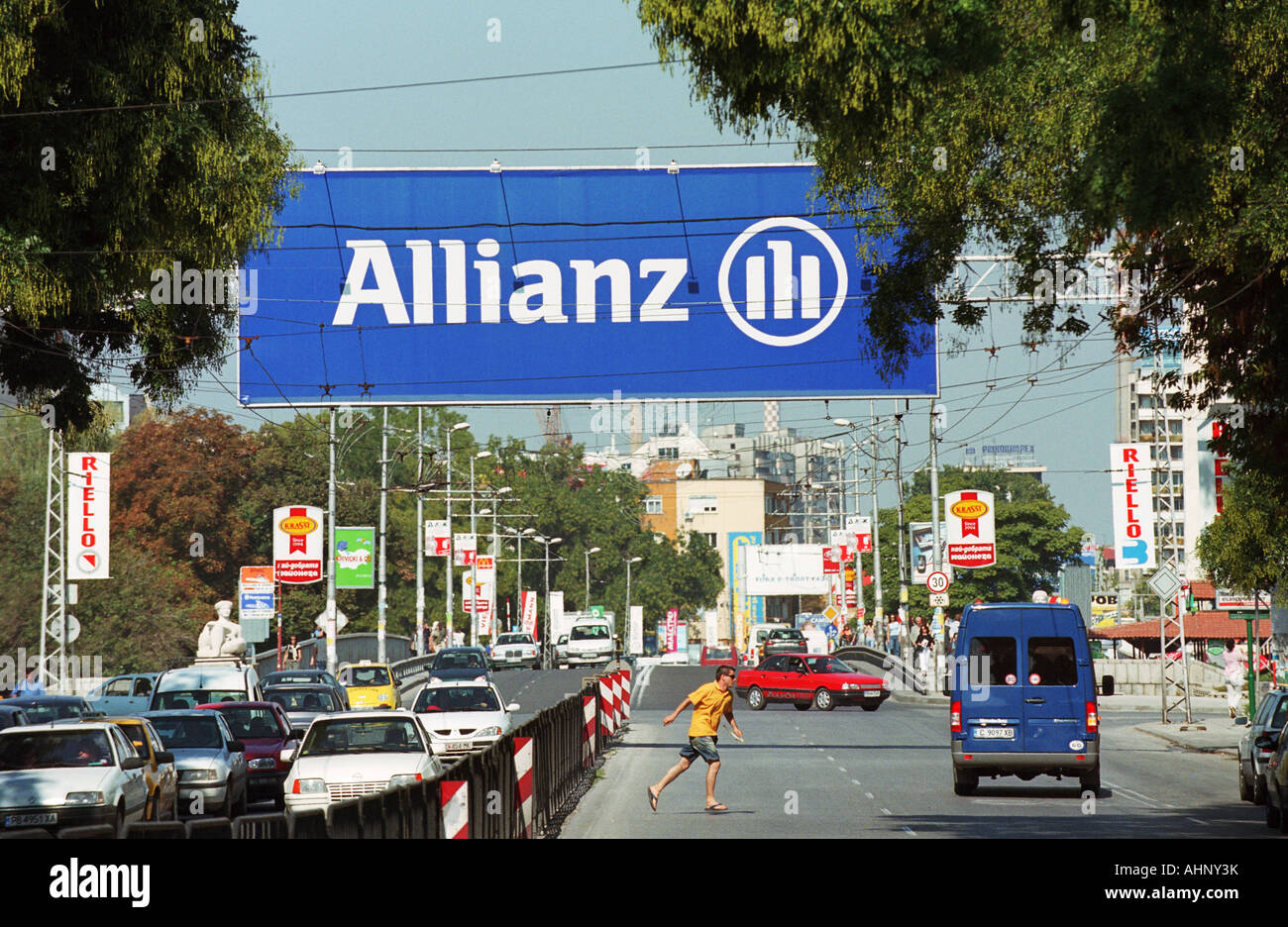 Allianz advertisement on a billboard over a street in Plovdiv ...