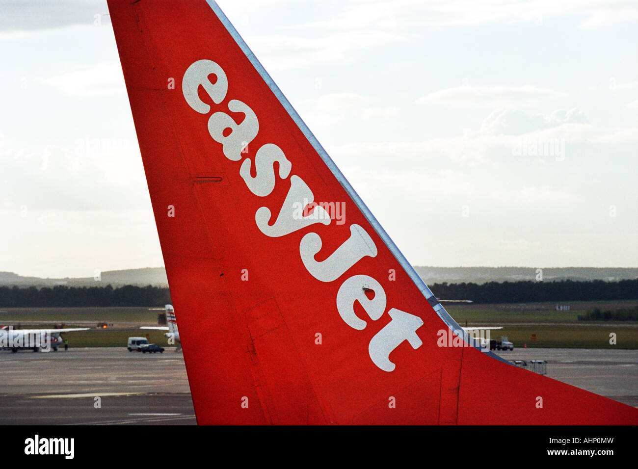 Tail of an easyJet plane at the Ruzyne International Airport, Prague ...