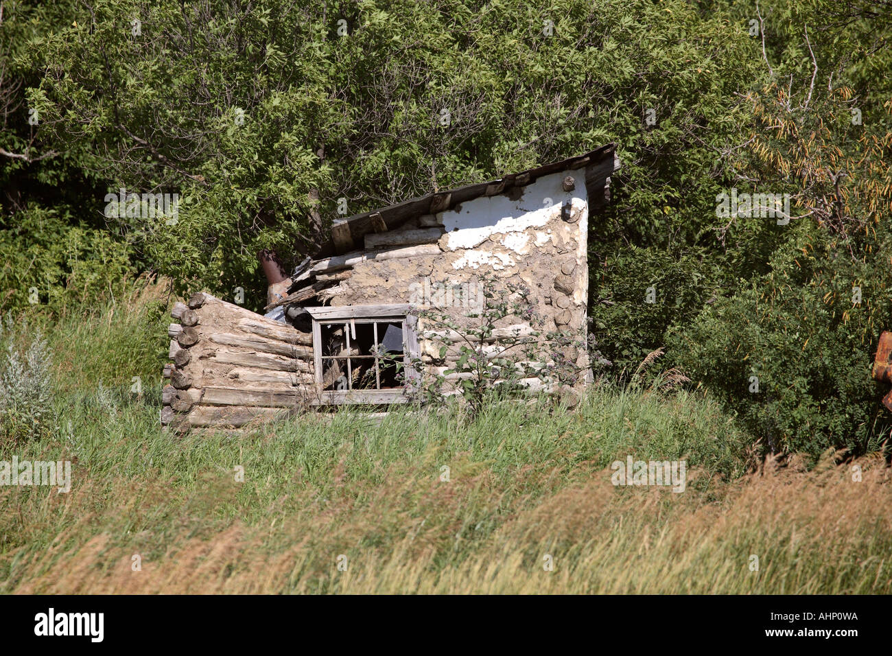 A collapsed log and mud house in scenic Saskatchewan Canada Stock Photo ...