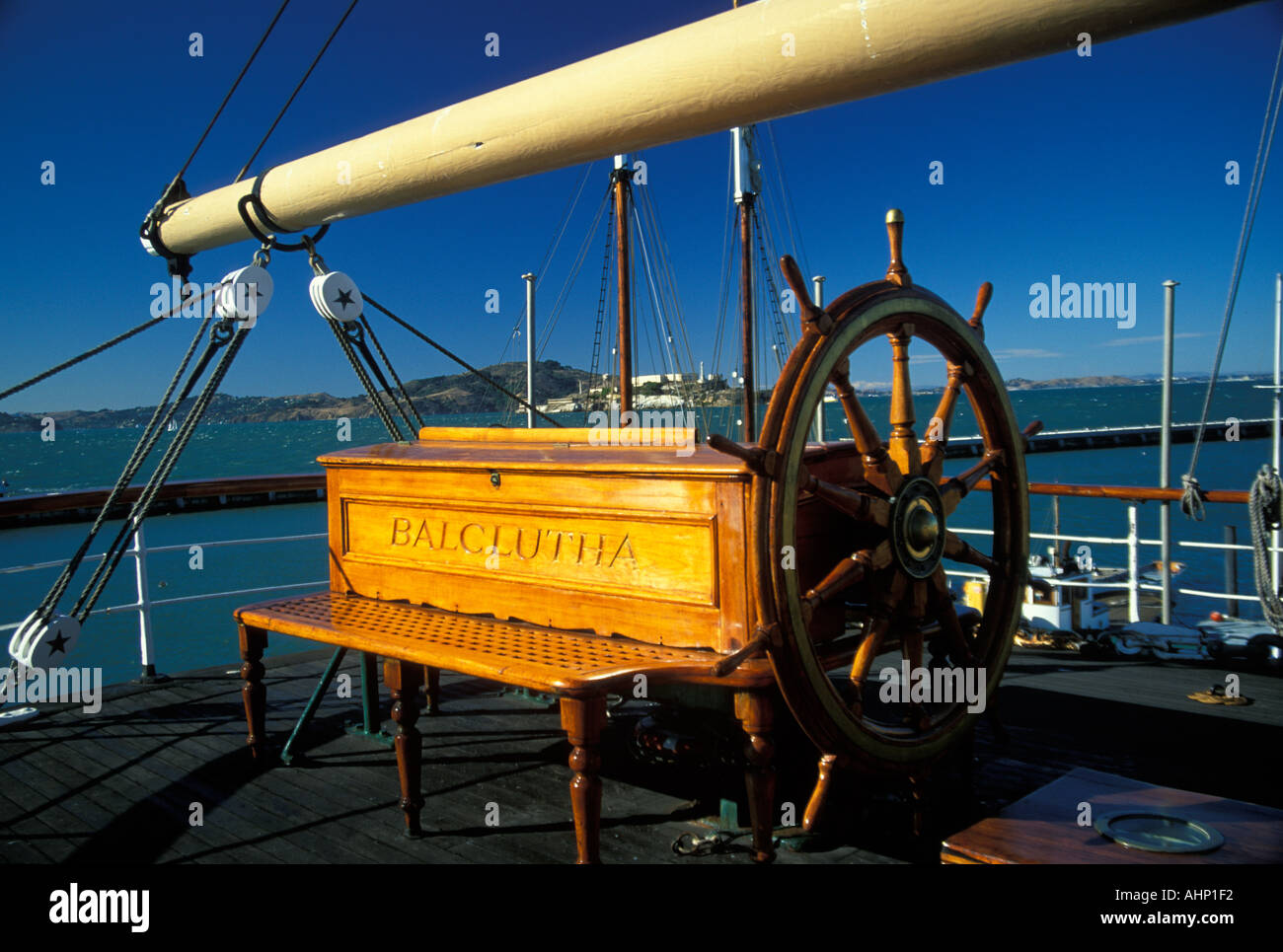 USA San Francisco The Balclutha ship Hyde Street Pier with Alcatraz in ...