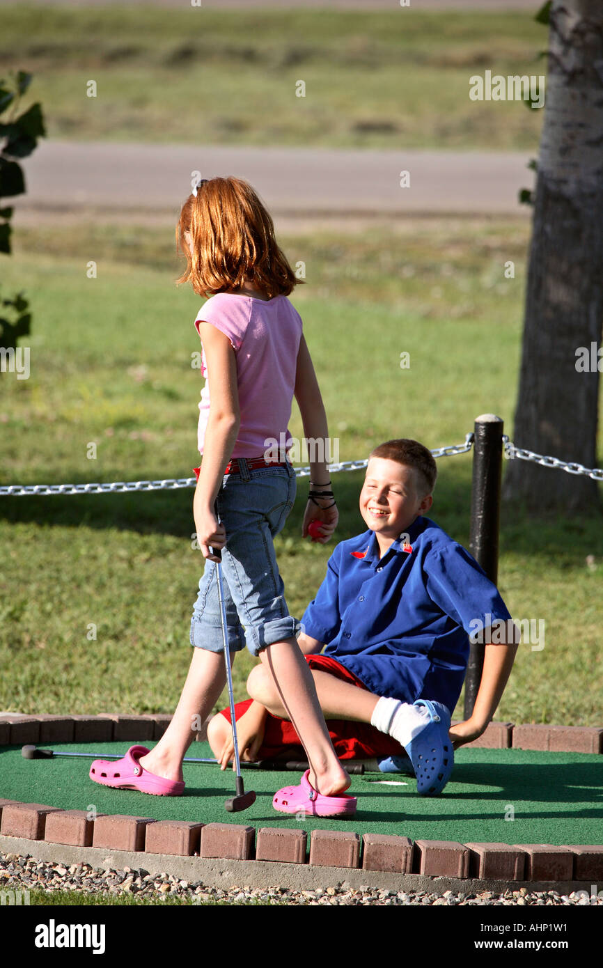 Children playing mini-golf in Moose Jaw in scenic Saskatchewan Canada ...