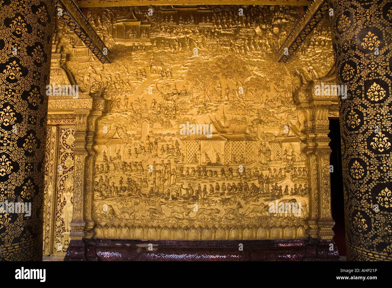 Decorated gold wall panel at Wat Mai Suwannaphumaham Luang Prabang Laos ...