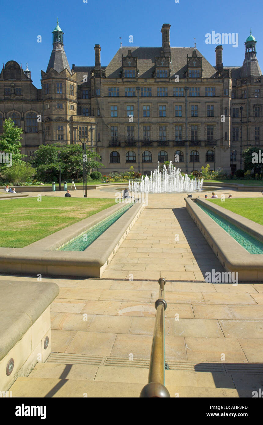 The Gothic town hall and Peace gardens with fountains Sheffield South ...