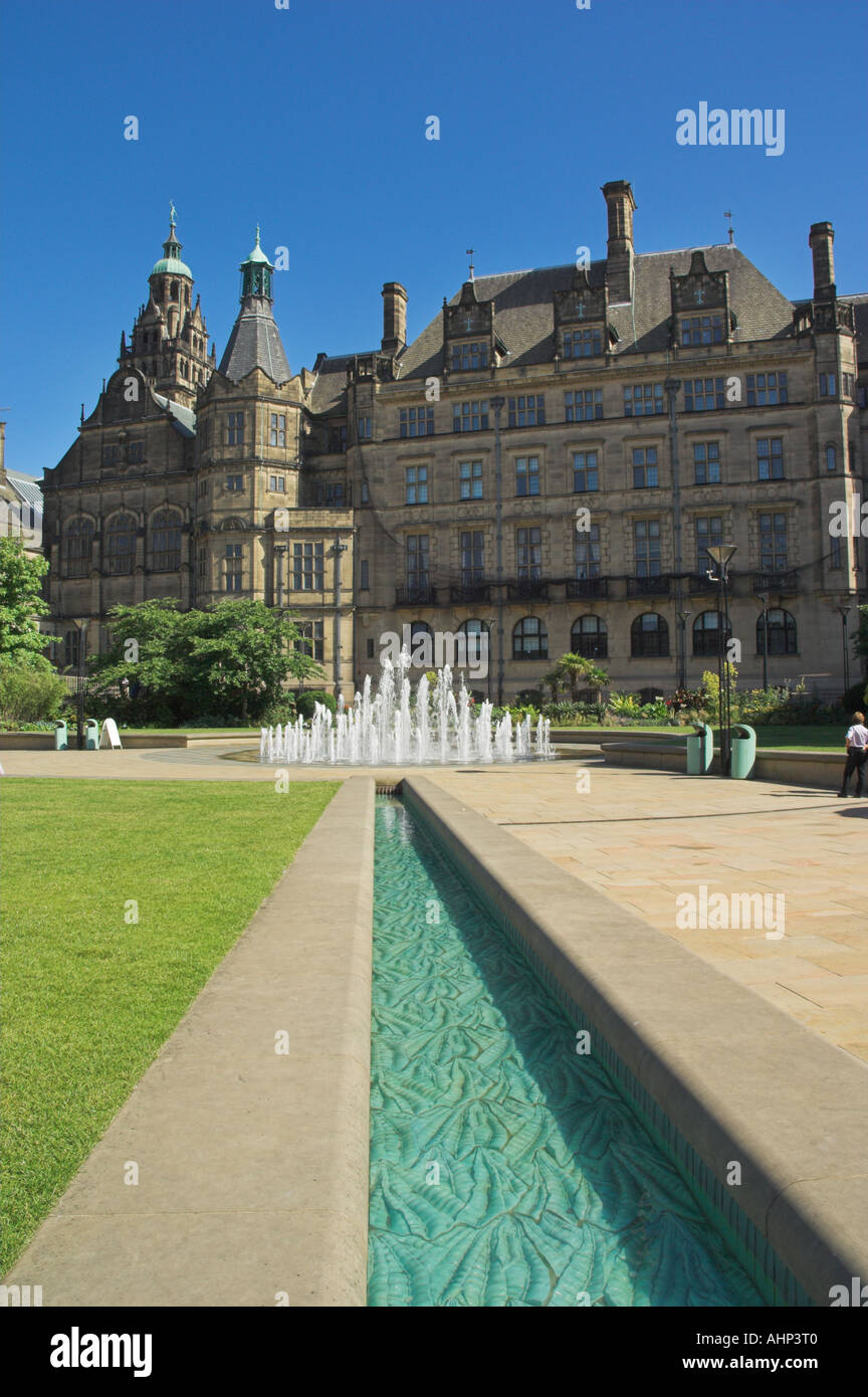 The Gothic town hall and Peace gardens with fountains Sheffield South ...