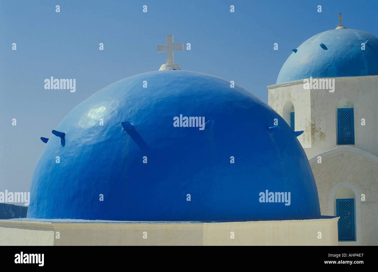 Two blue domes of greek church Oia Santorini Greece EU Europe Stock ...