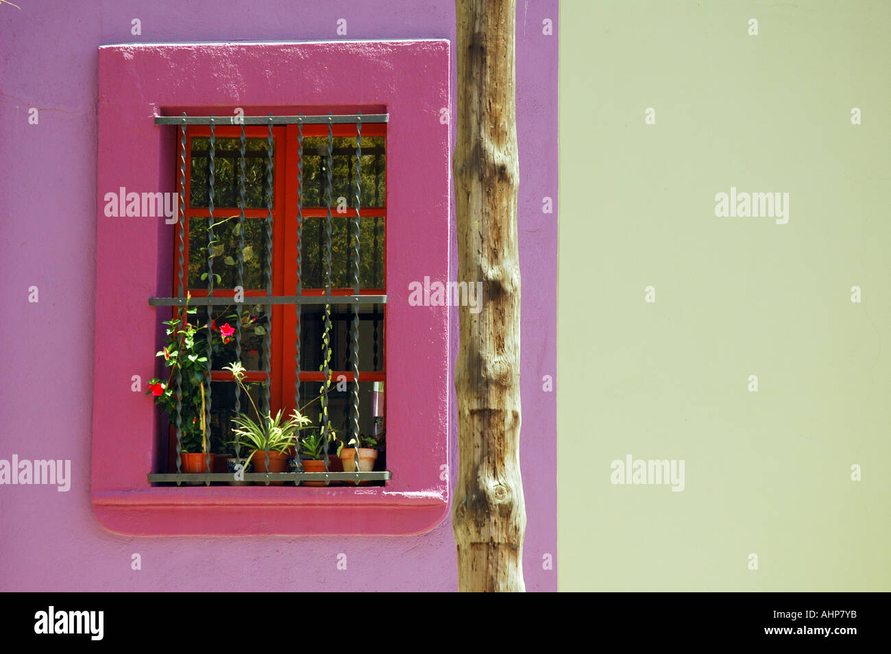 Brightly painted window in purple, mauve and sage of exterior wall of a ...