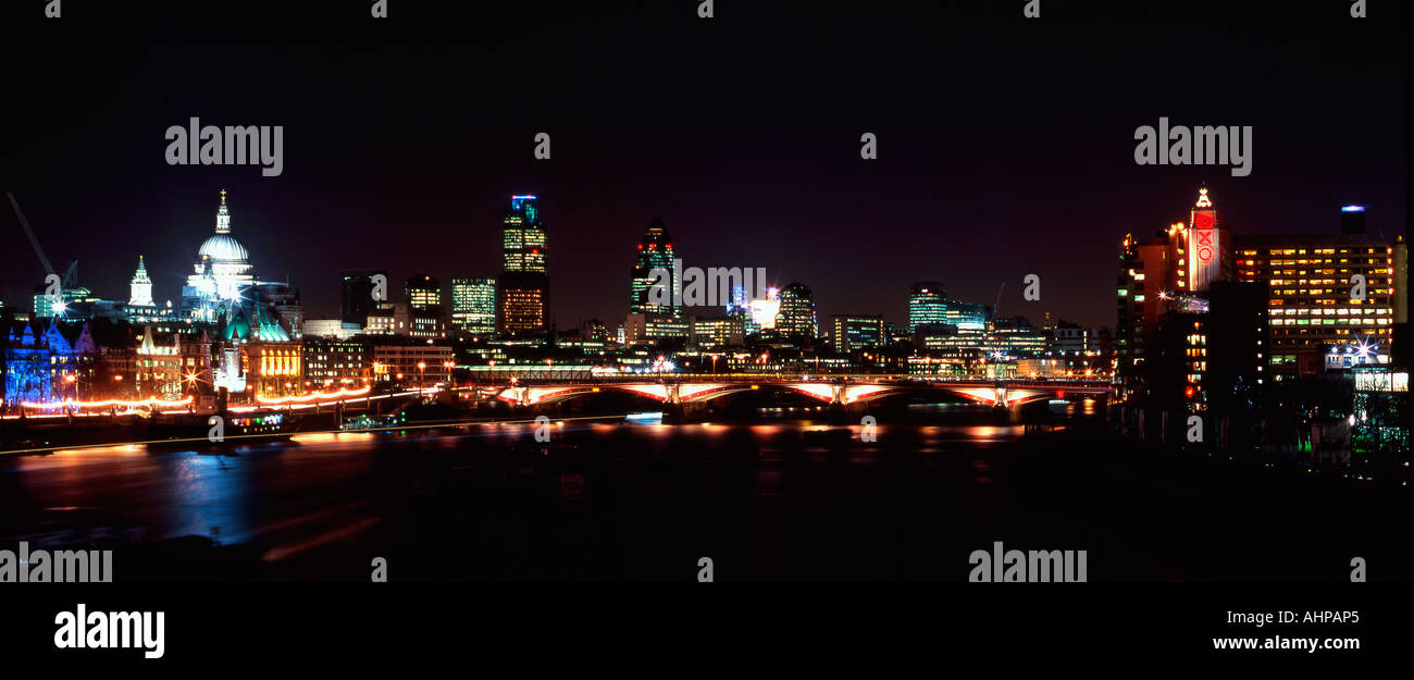London skyline at night London buildings at night river Thames Stock ...