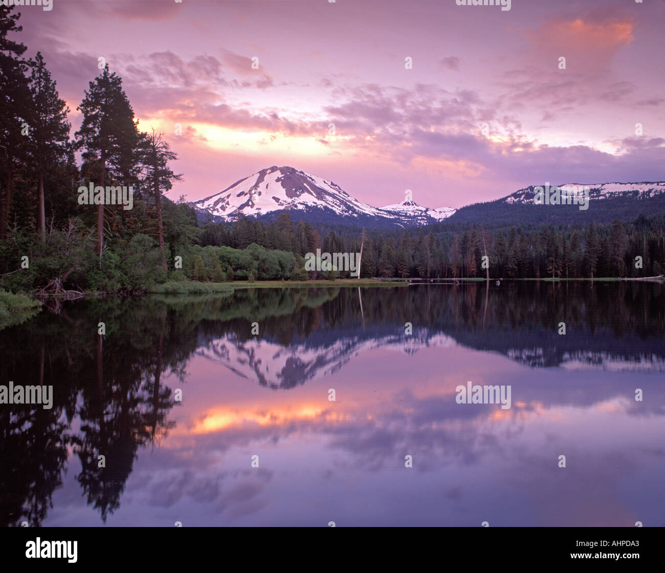 Manzanita Lake with Mt Lassen at sunset Mt Lassen National Park ...