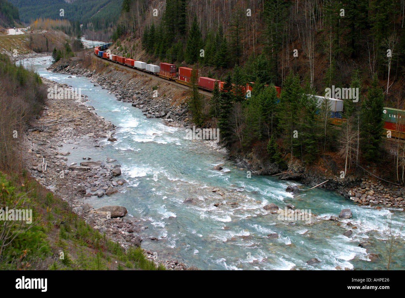 Horizontal Freight train travelling through the Rocky Mountains Stock ...