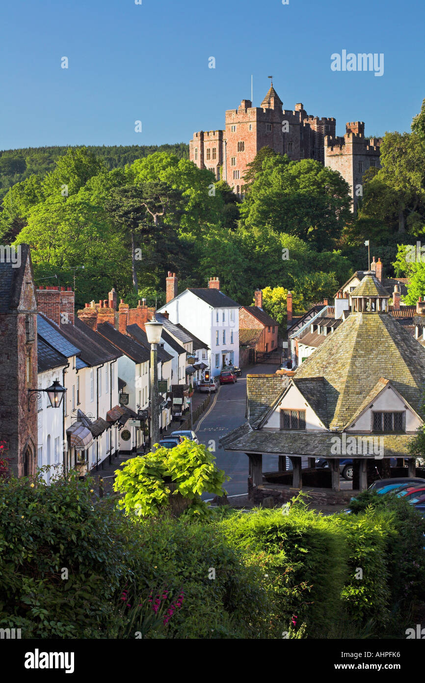 View down the High Street to Dunster Castle, Somerset, England Stock ...