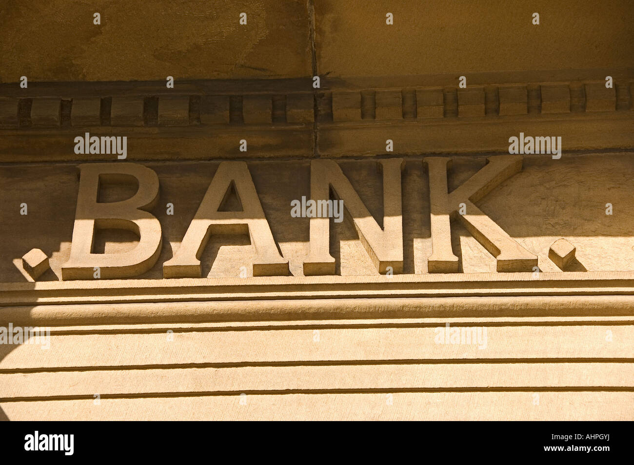 Old bank sign lettering carved in stone above bank Knaresborough North ...