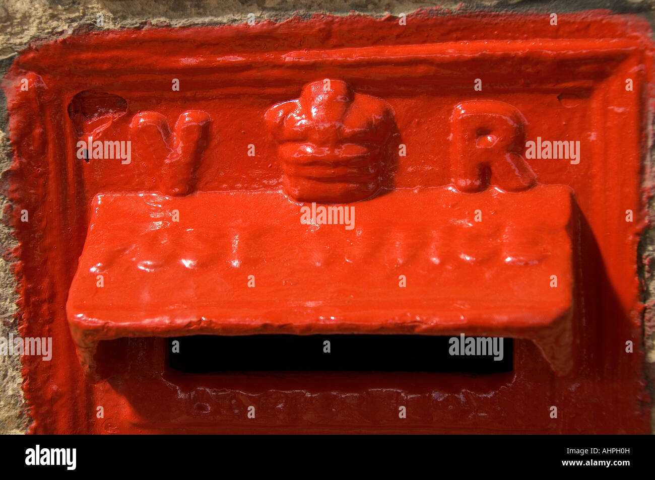 Old traditional red letter box in a wall close up North Yorkshire ...