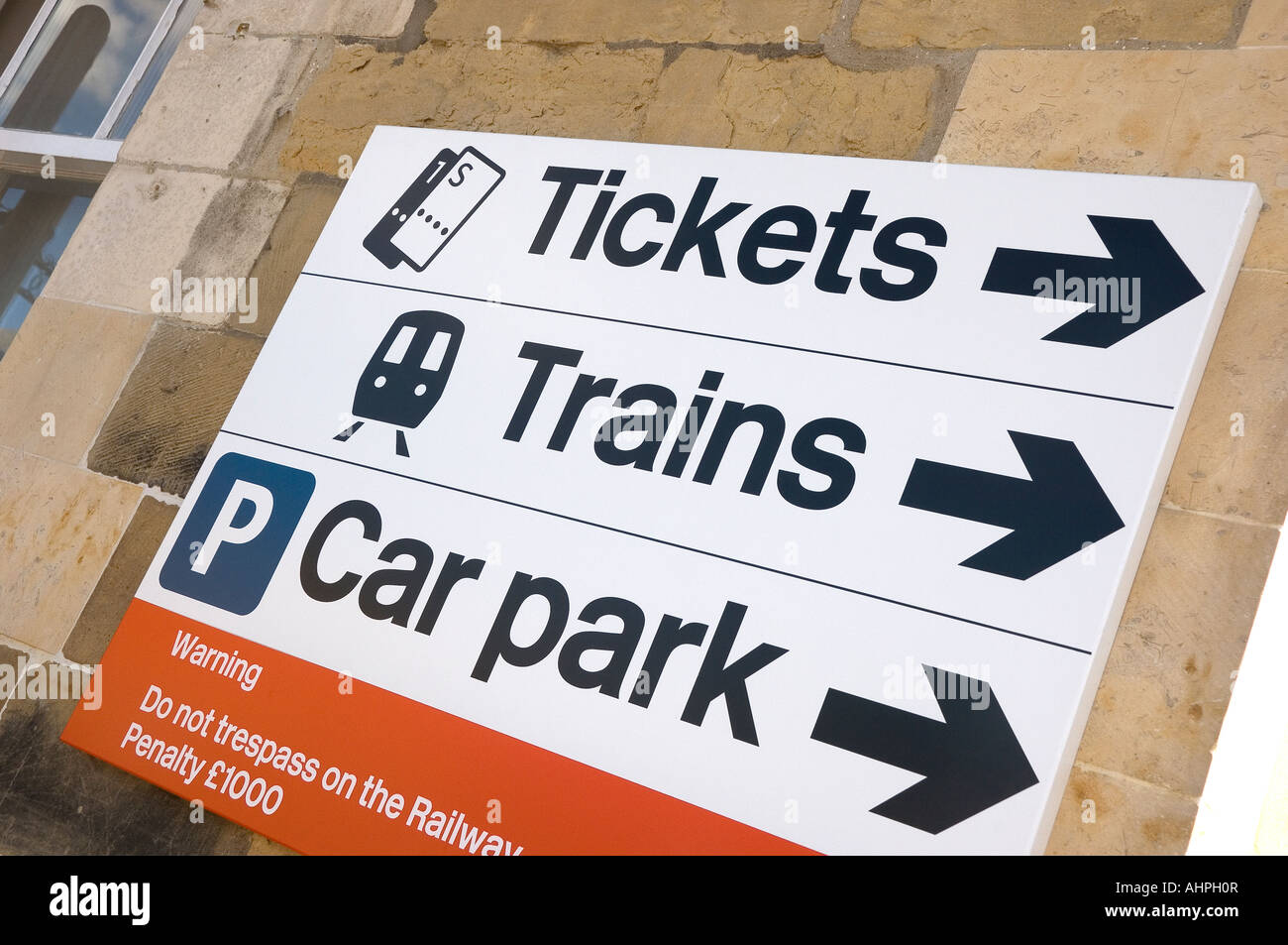 Sign signs for trains tickets and car park at Malton train Railway ...