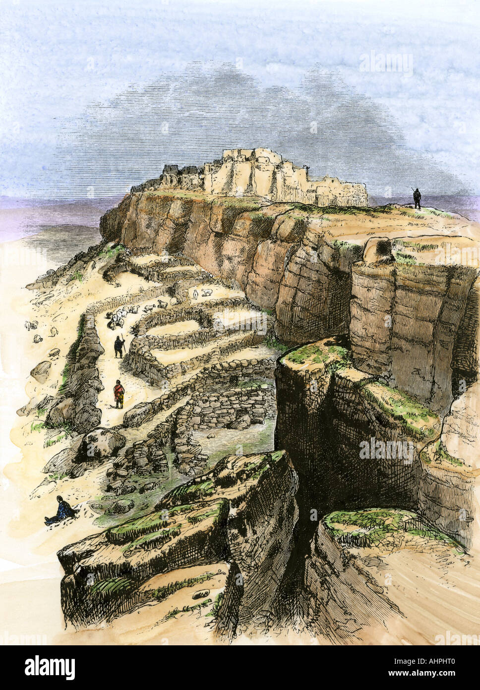 Hopi or Moqui village with sheep pens below the cliffs and homes atop ...