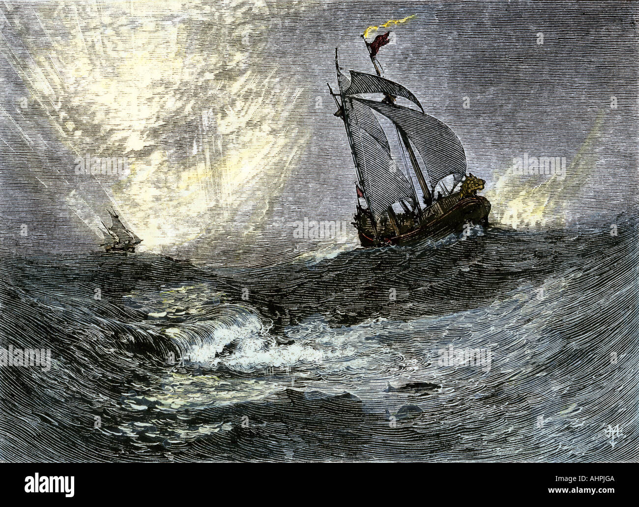 Sailing-ships at sea. Hand-colored woodcut Stock Photo - Alamy