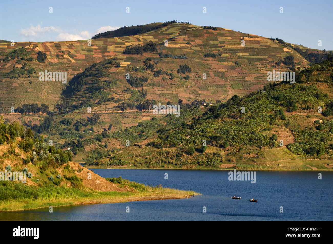 passenger boat on Lake Burera near Ruhengeri at the Virunga Mountains ...