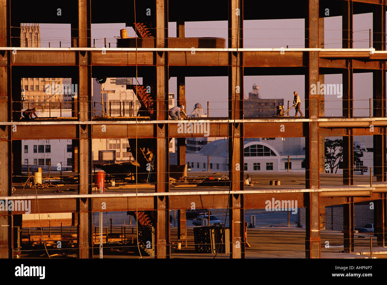 Steel frame of high rise skyscraper under construction Los Angeles ...