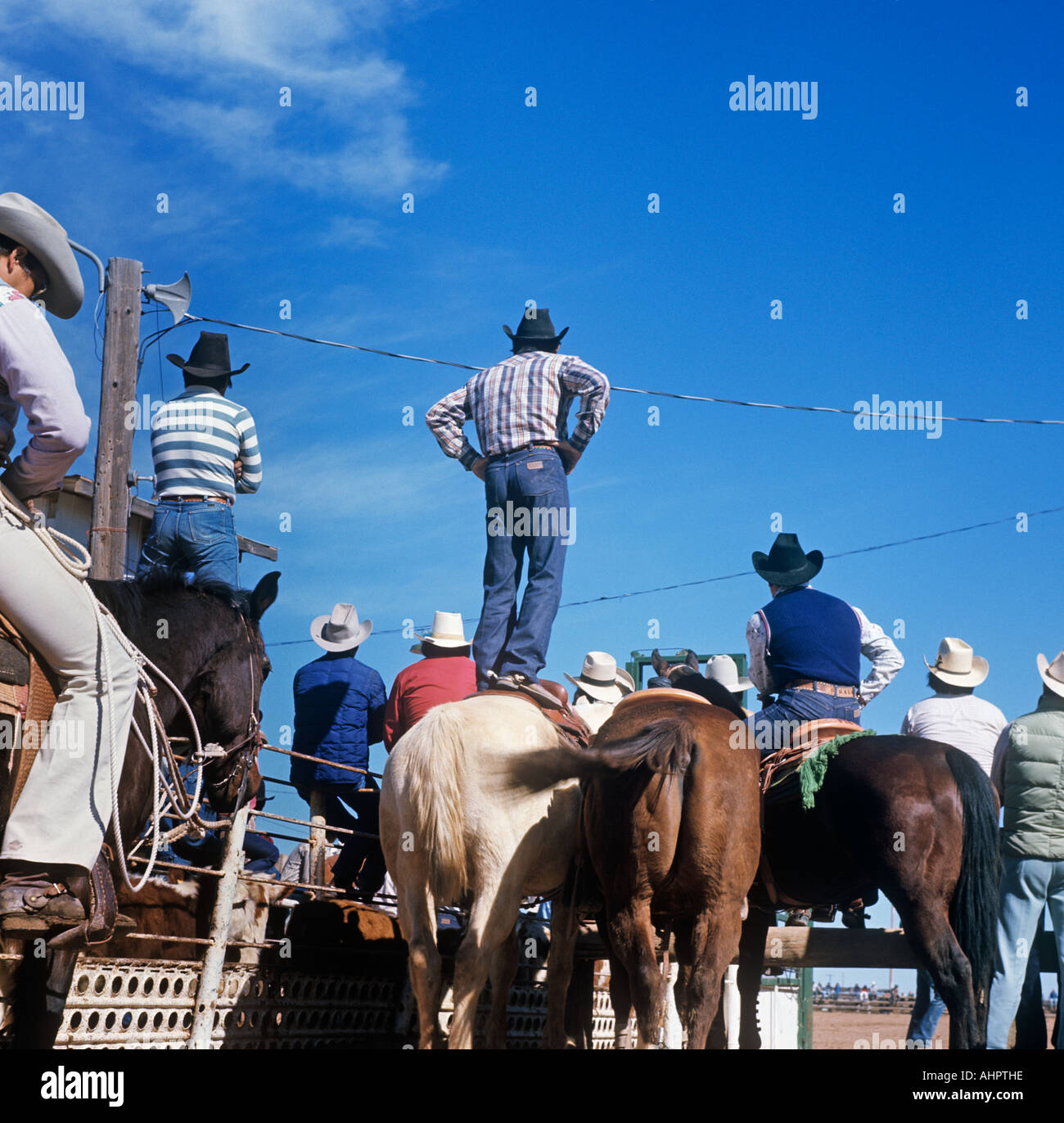Rider stands on horse’s back at Native American rodeo held at “Odham ...