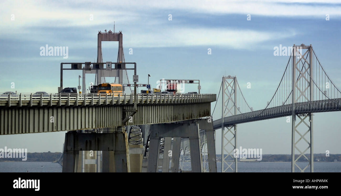 The dual spans of the Chesapeake Bay Bridge facing the eastern shore ...