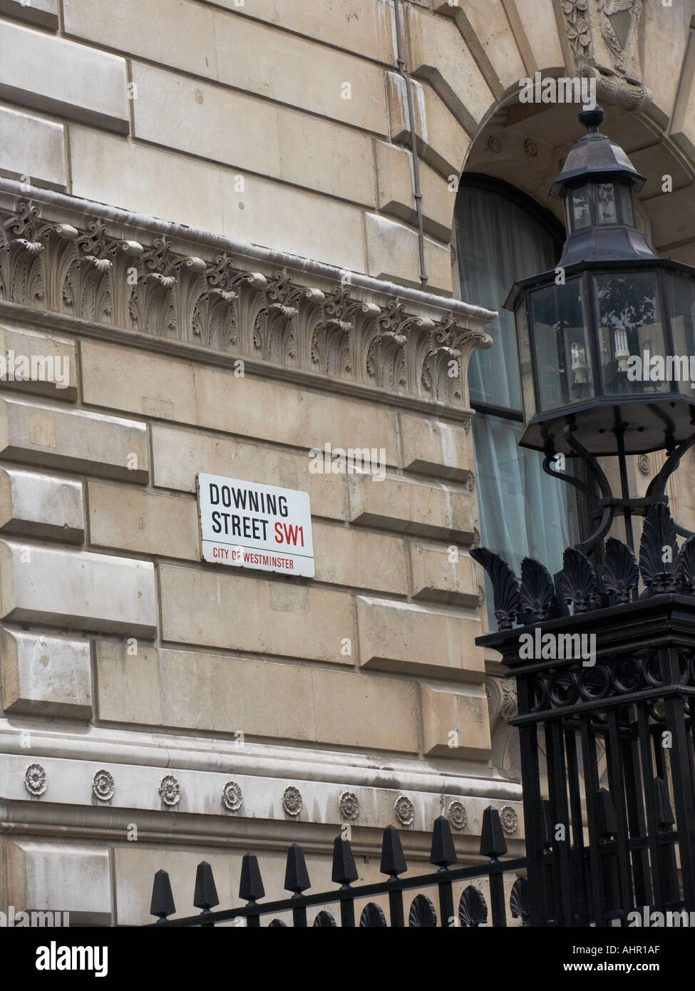 Downing Street sign on wall of building near Number 10 the British ...