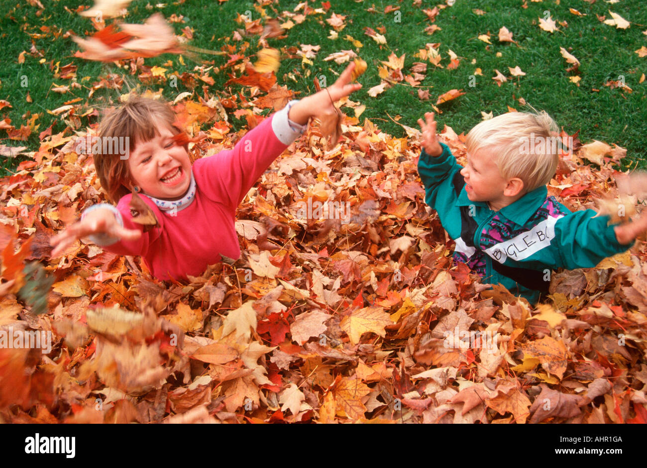 Two children playing in autumn leaves Sutton Vermont Stock Photo - Alamy