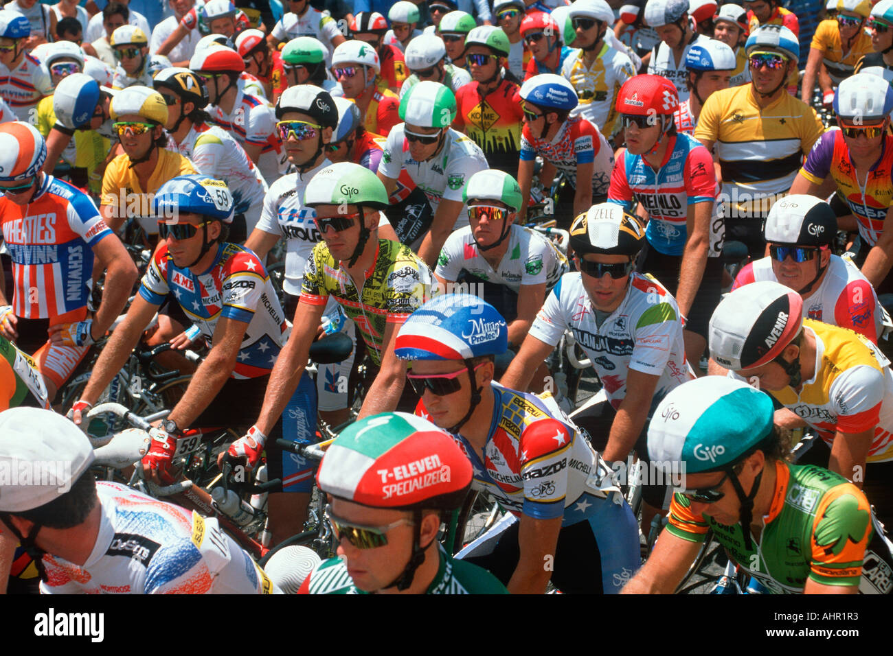Bicycle racers at beginning of race in Beverly Hills California Stock ...