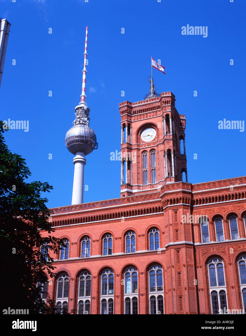 Red town hall plus the television tower, Berlin, Germany Stock Photo ...