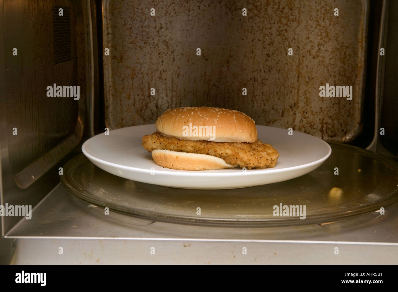 Chicken burger in a microwave Stock Photo - Alamy