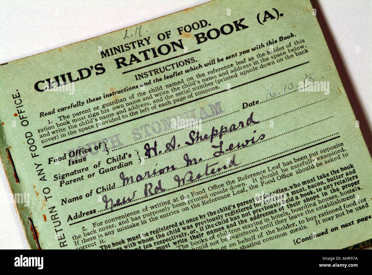 First World War Childs Ration Book issued by Ministry of Food England ...