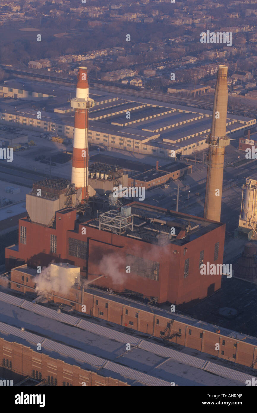 An aerial view of an industrial smoke stack in Chicago Illinois Stock ...