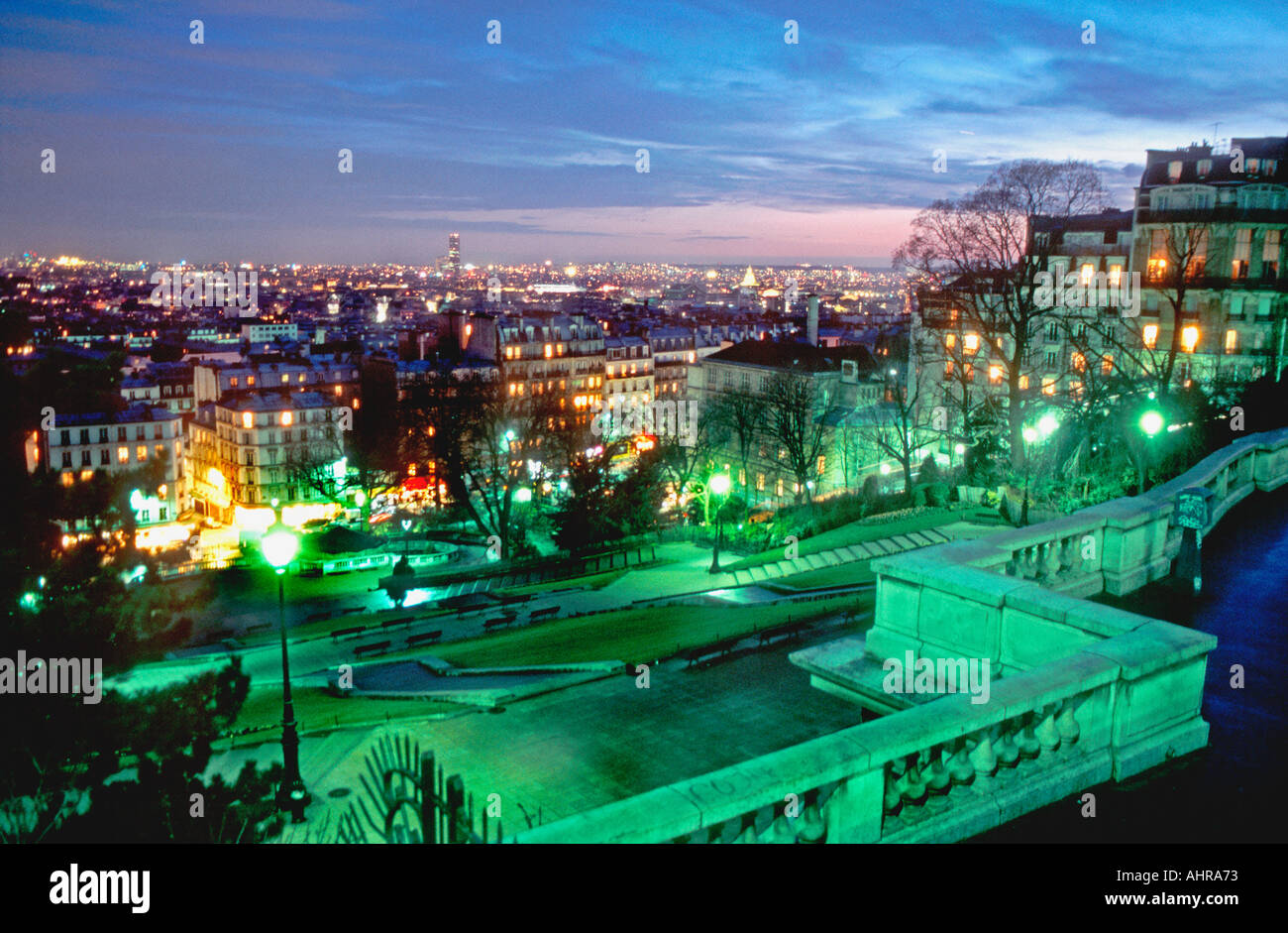 Paris France, Wide Angle View, Skyline from Empty Montmartre Park ...