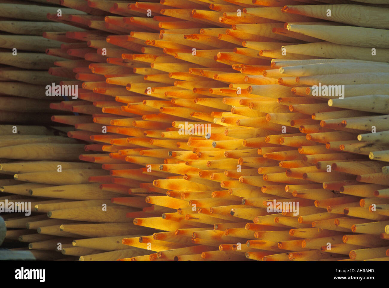 A stack of bundled fence posts with sharpened ends Stock Photo - Alamy