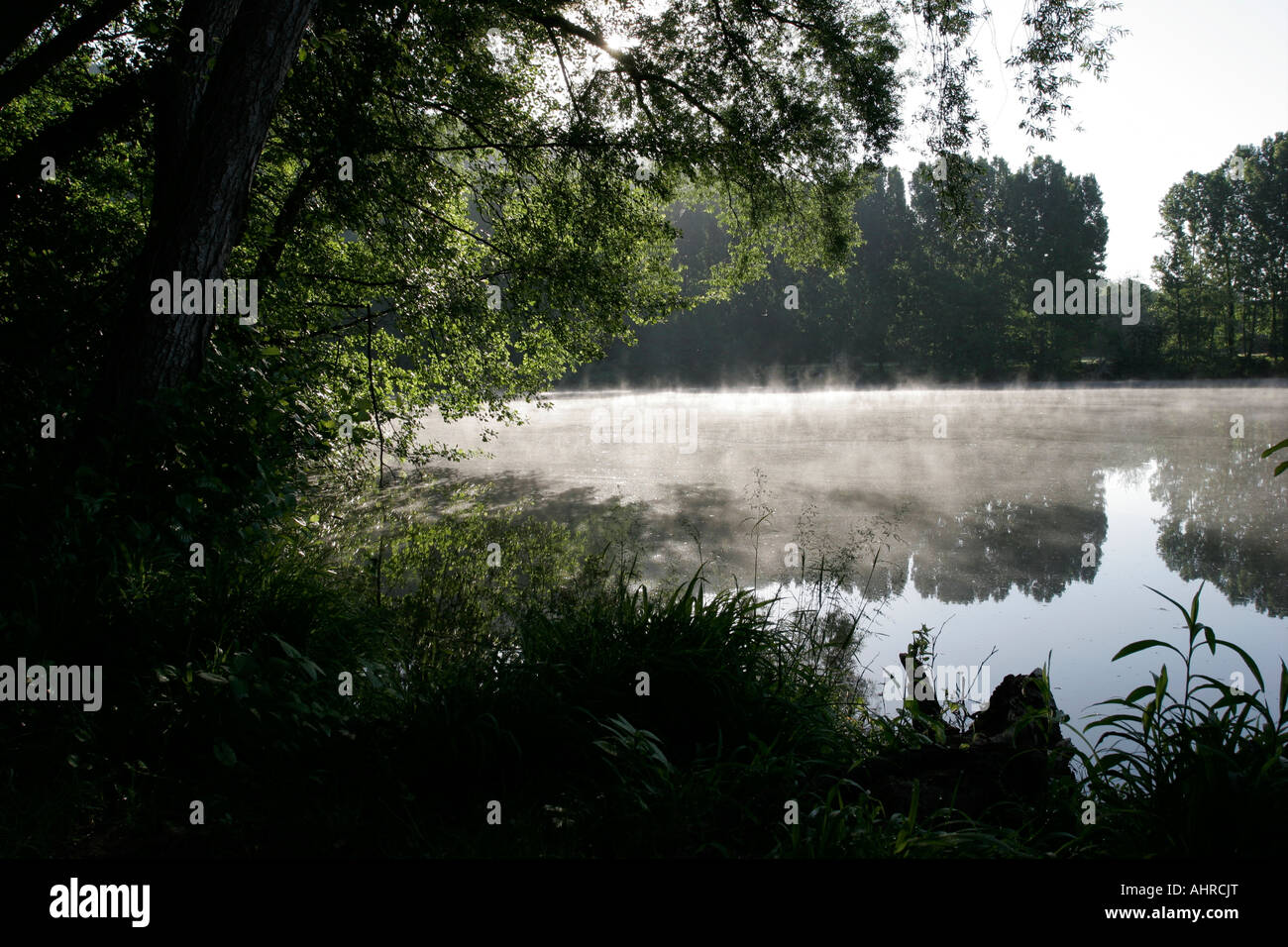 Morning mist rising from a scenic mirror surfaced River Lot in France ...