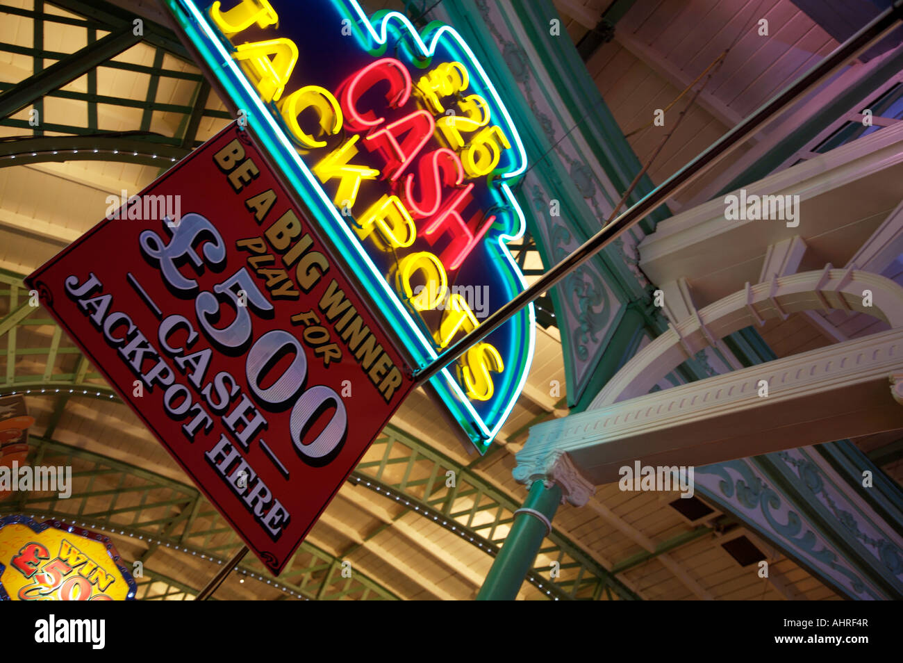 neon sign in amusement arcade english jackpot Stock Photo - Alamy