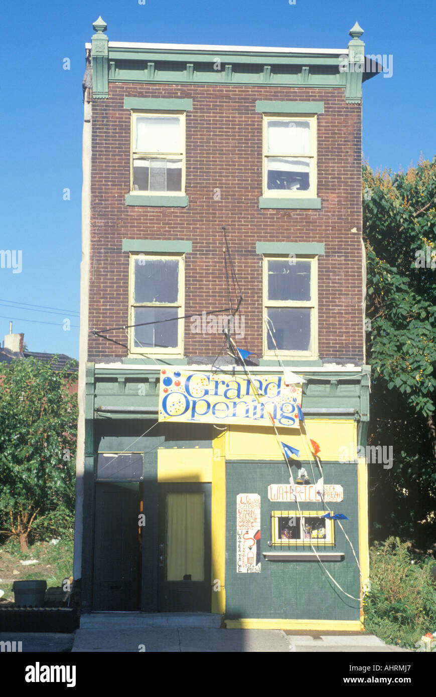 Grand opening banner on neighborhood store Philadelphia Pennsylvania ...