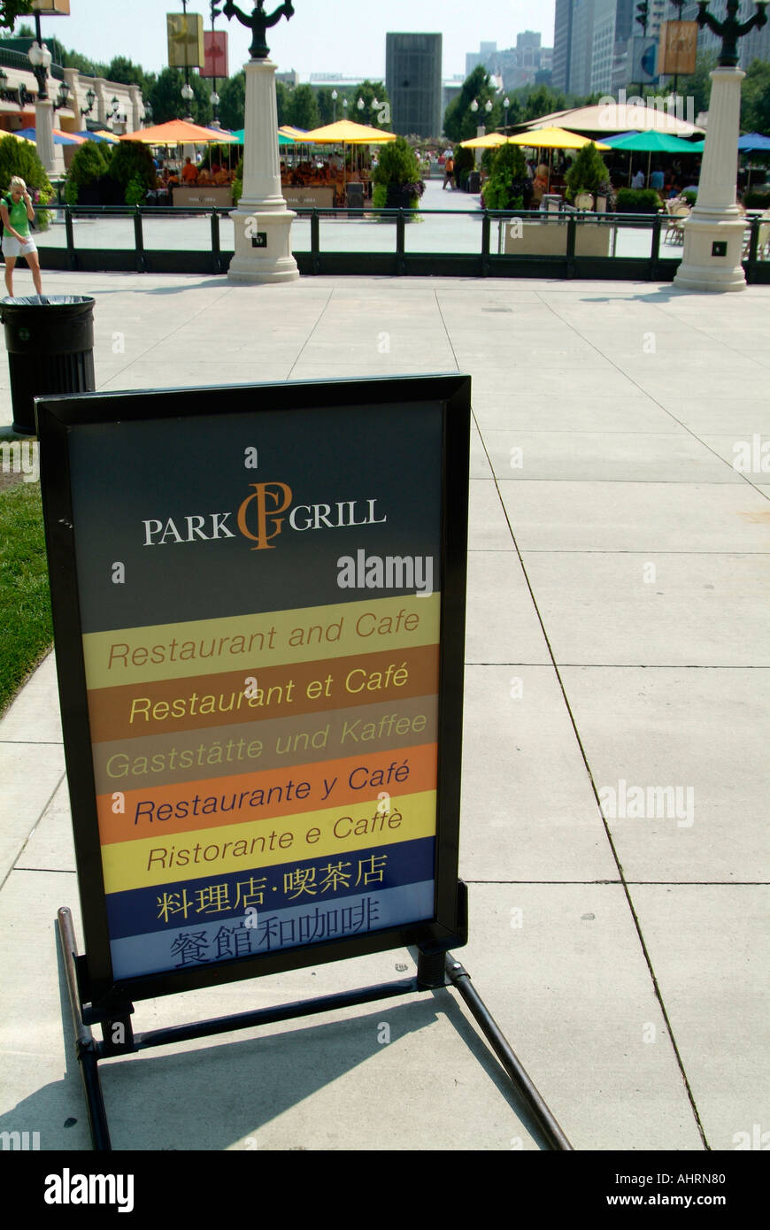 Multi lingual sign for restaurant and cafe in downtown Chicago Illinois ...