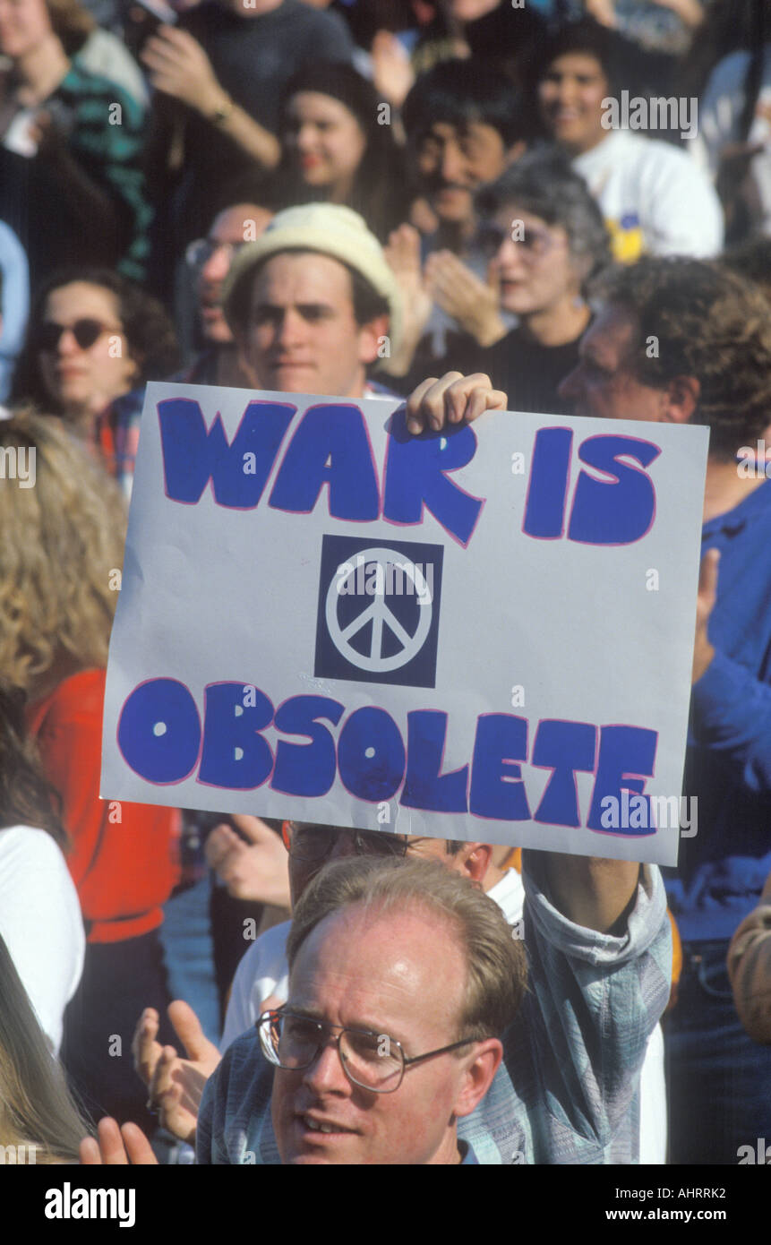 Sign War is obsolete at peace rally Los Angeles California Stock Photo ...