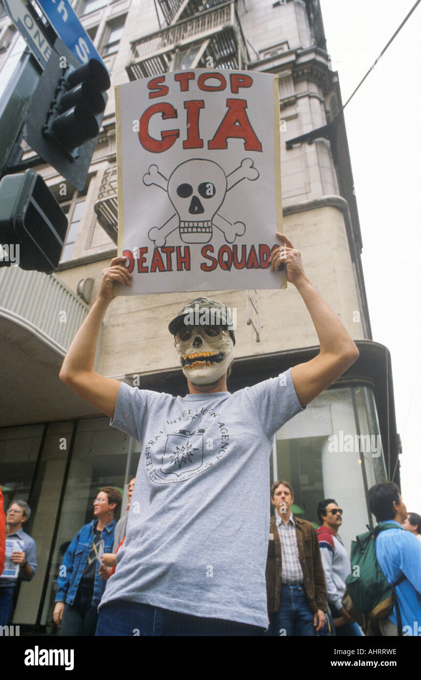 Protester wearing skeleton mask protesting CIA Los Angeles California ...