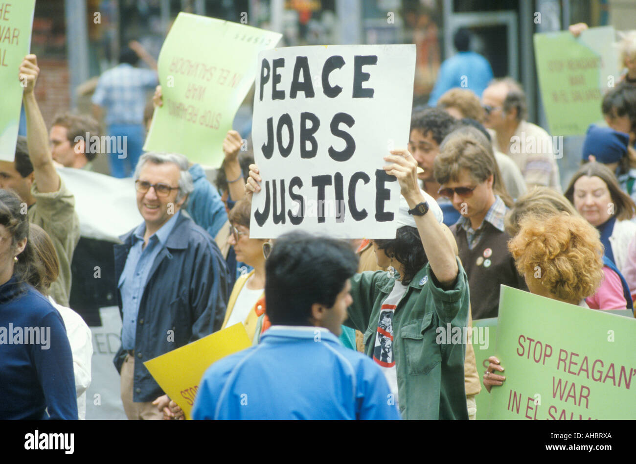 Marchers at peace rally holding signs Los Angeles California Stock ...