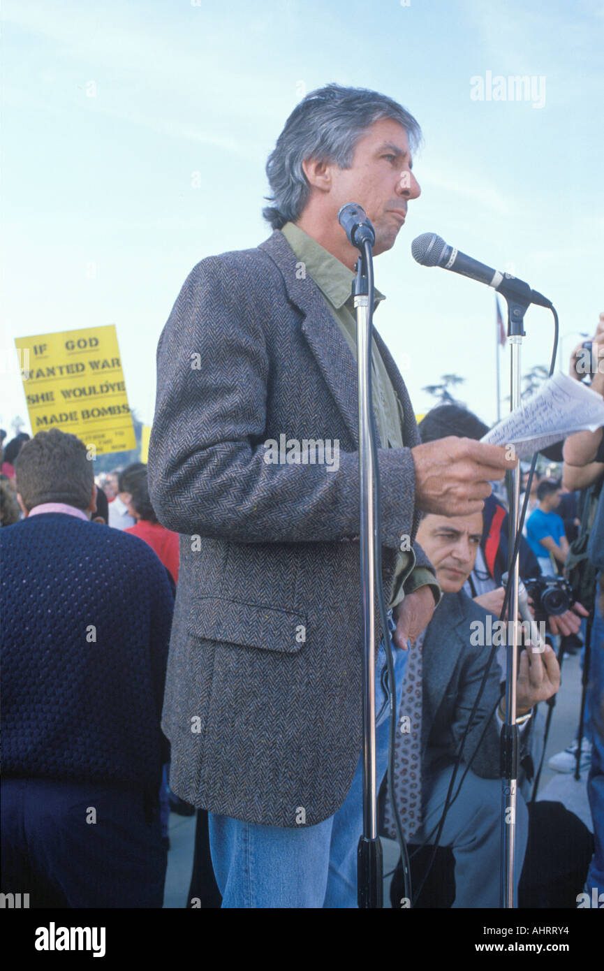 Political activist Tom Hayden speaking at rally Washington D C Stock ...