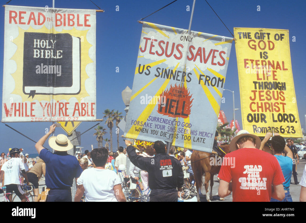 Religious right marchers holding signs Santa Monica California Stock ...