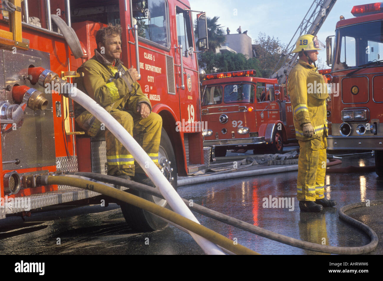 Firefighters working at apartment fire Los Angeles California Stock ...