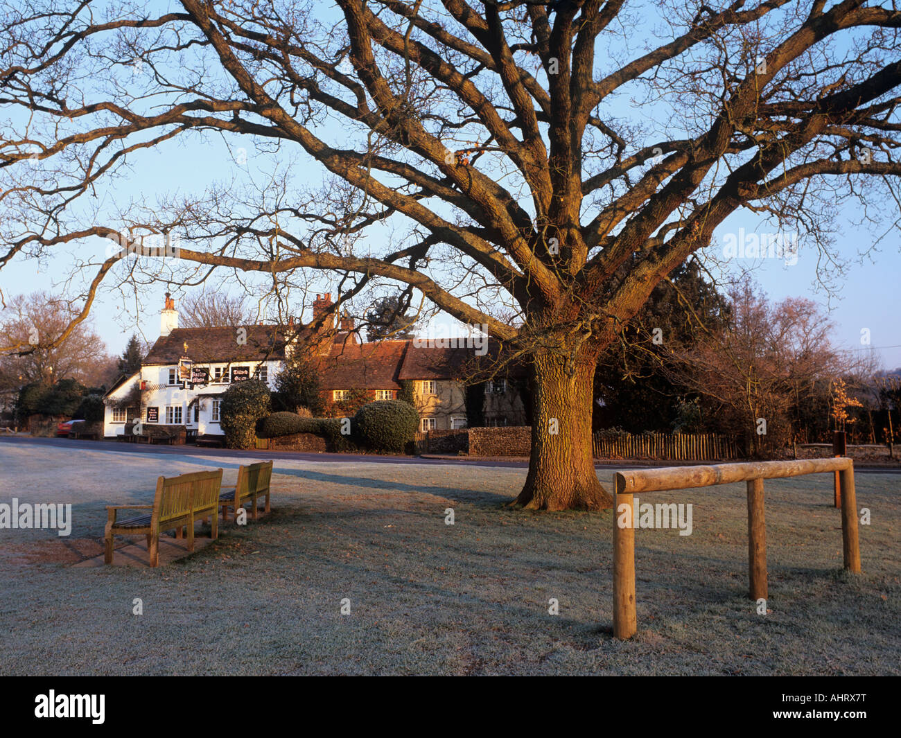Pub overlooking village green with winter frost and tree in picturesque ...