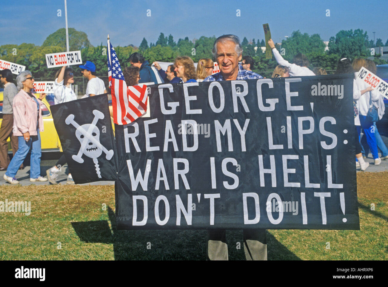 No Blood For Oil signs Gulf War Middle East Iraq Stock Photo - Alamy