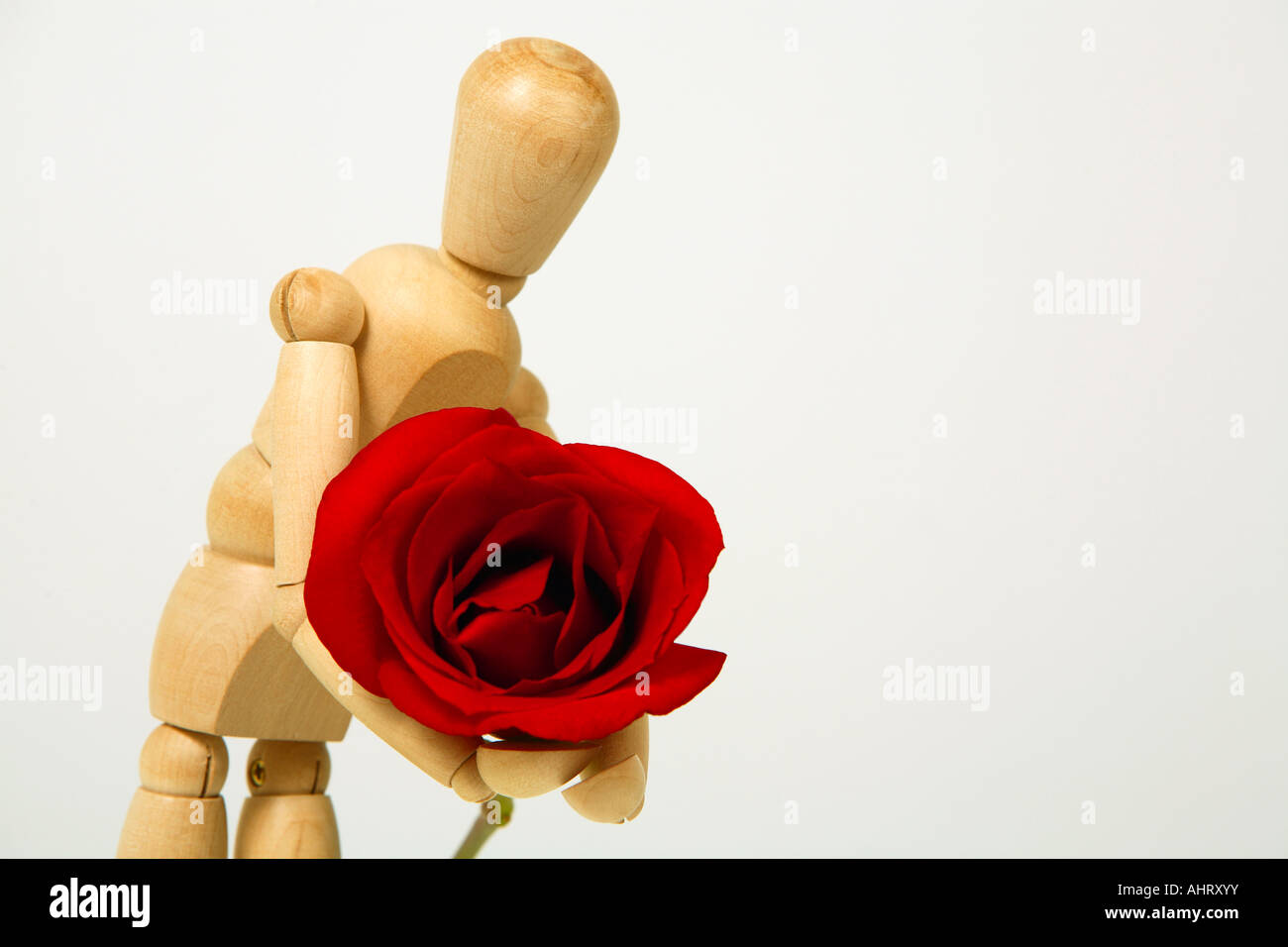 Wooden doll holding red rose Stock Photo - Alamy