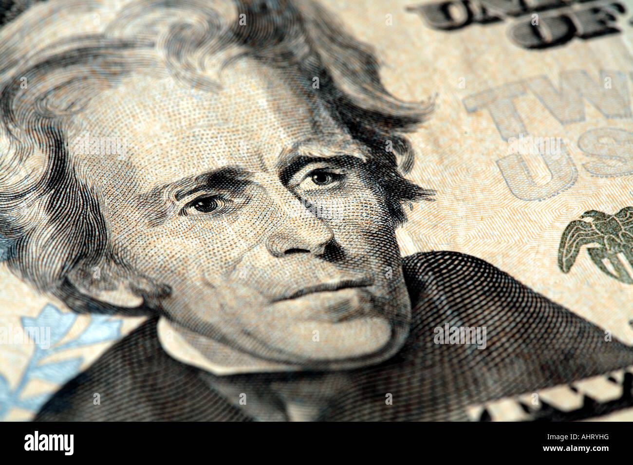 Andrew Jackson portrait on the face of a twenty dollar bill note Stock ...