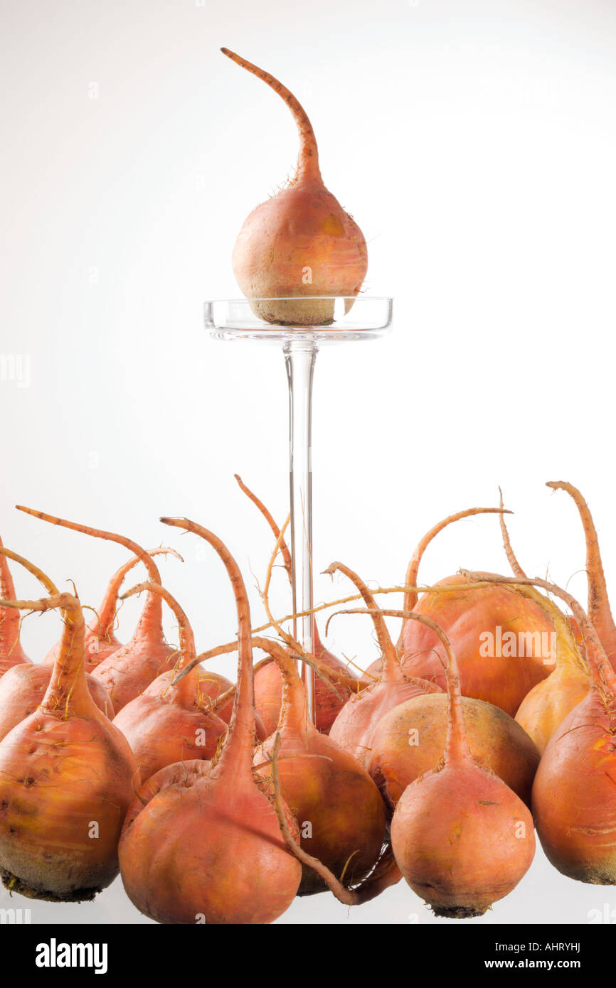 Whole golden beets on a white background. One beet raised above the ...