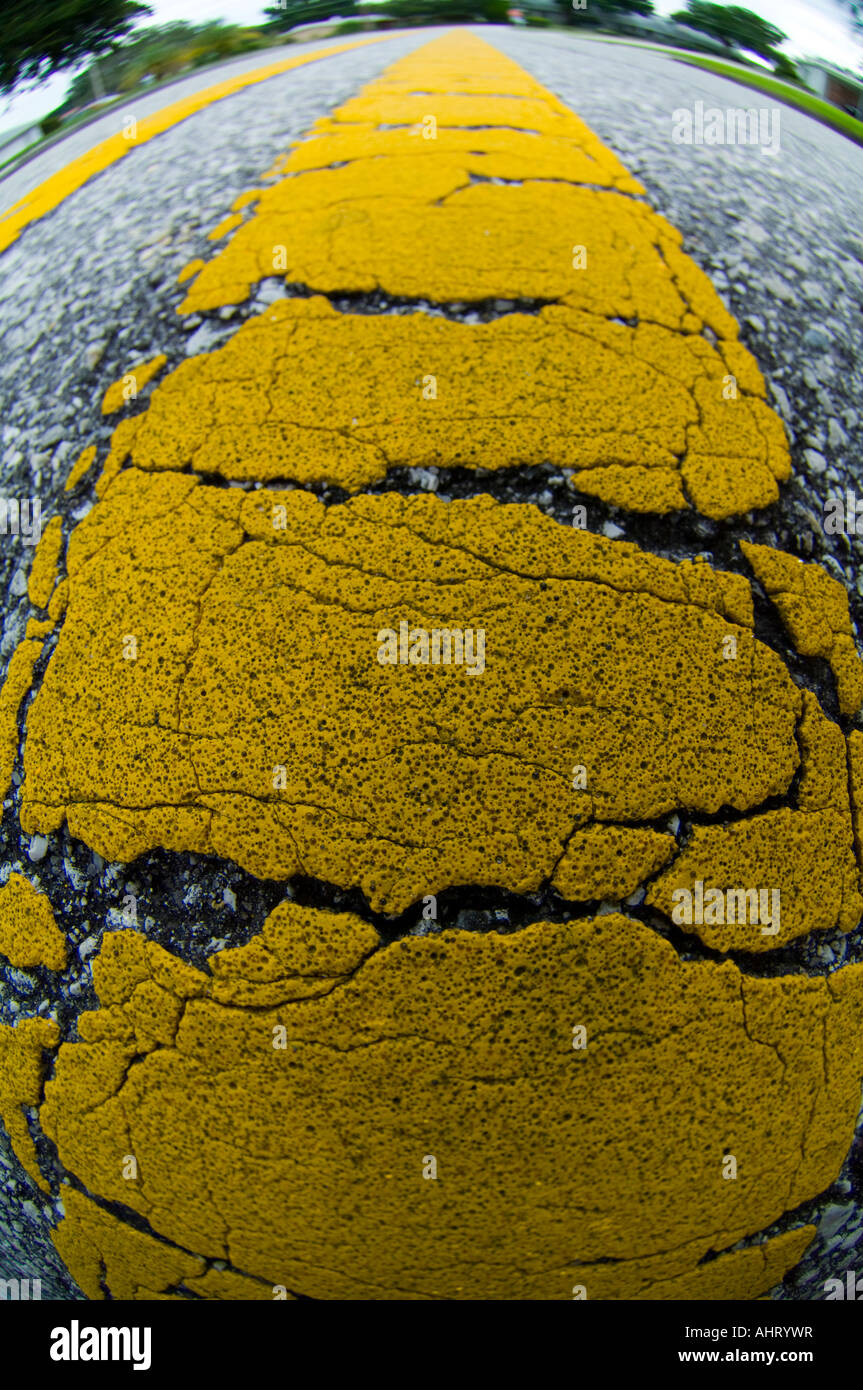 fish-eye view of road yellow stripe Stock Photo - Alamy