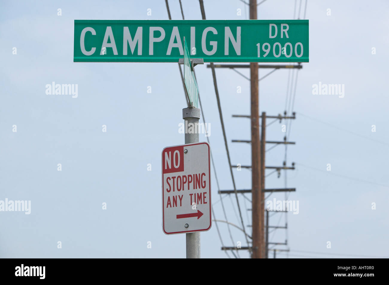 Campaign Drive street sign with No Stopping Anytime sign CSU Dominguez ...