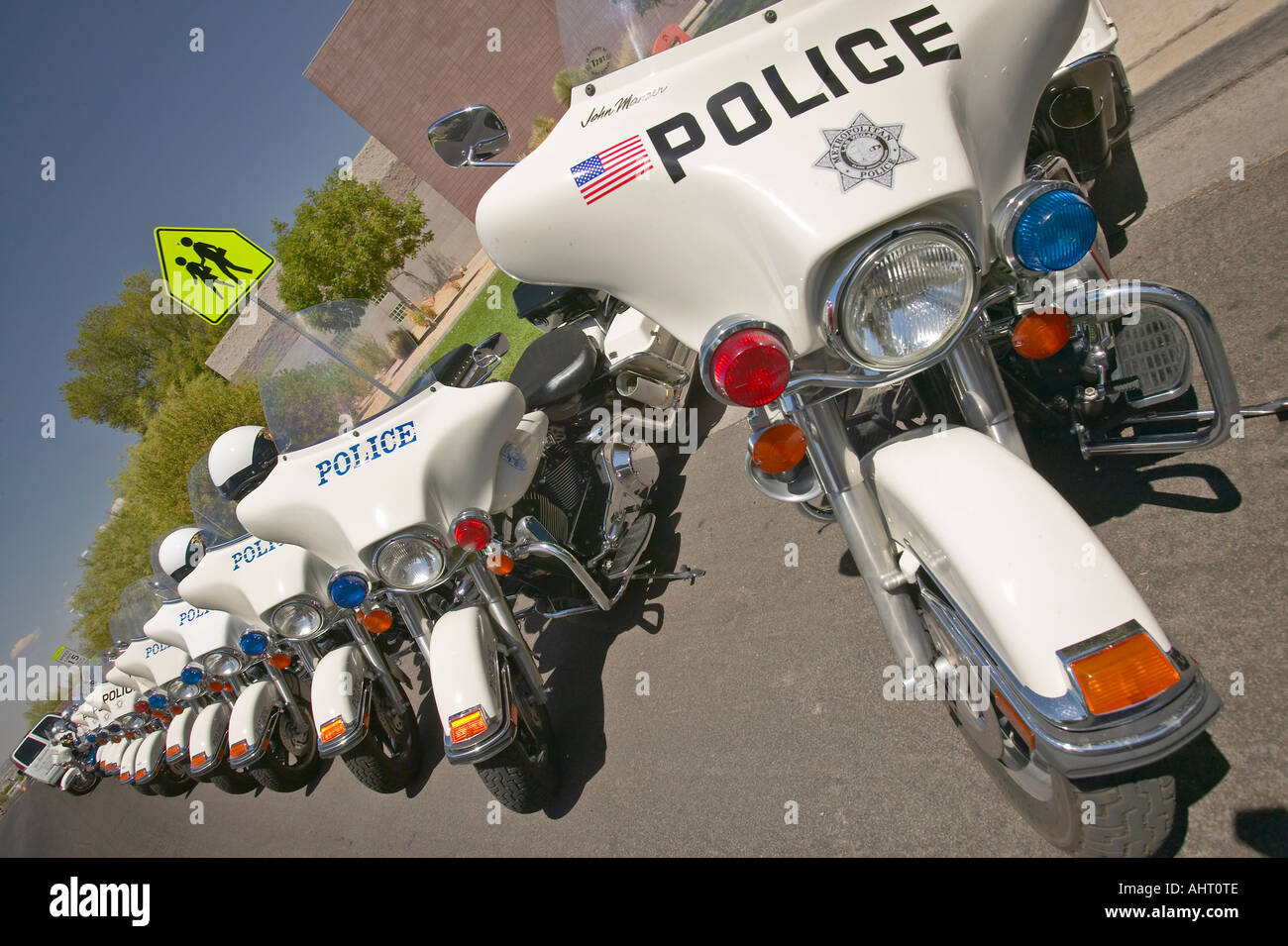 Unmanned police motorcycles parked in front of Valley View Rec Center ...